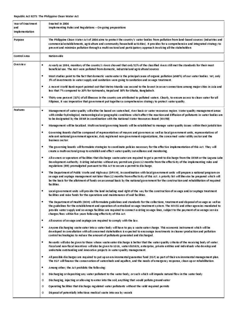 Republic Act 9275 Clean Water Act | PDF | Water Resources | Water Pollution