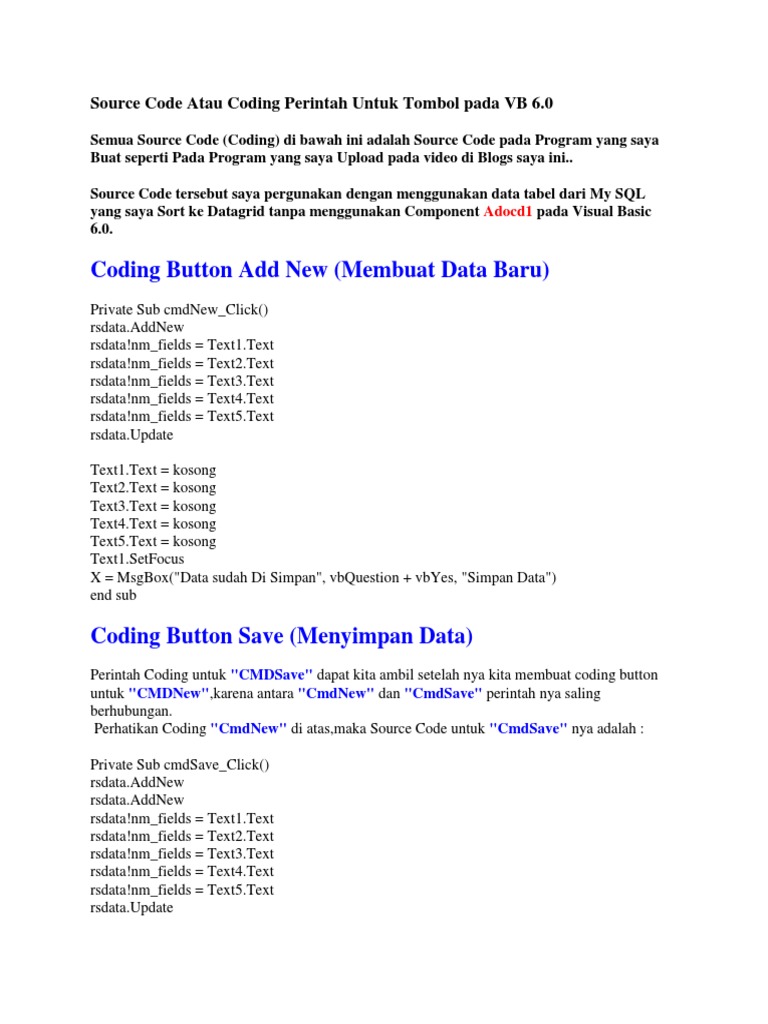 PERINTAH CODING UNTUK TOMBOL PADA VB 6.0 | PDF