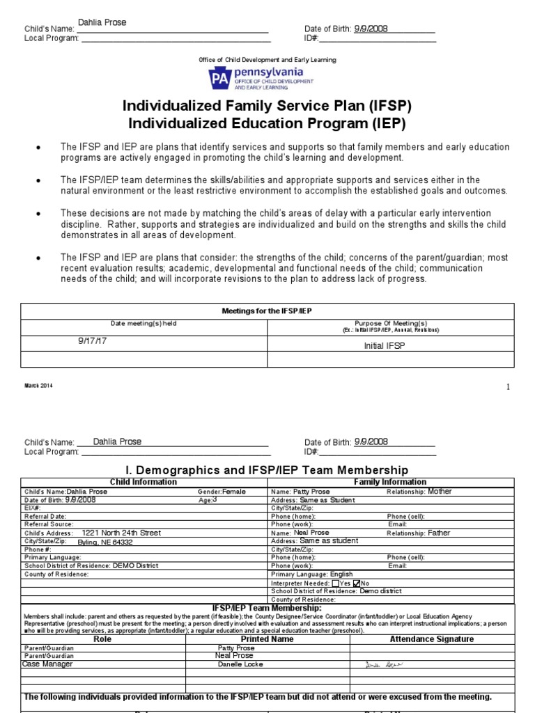 Individualized Family Service Plan (IFSP) Individualized Education ...