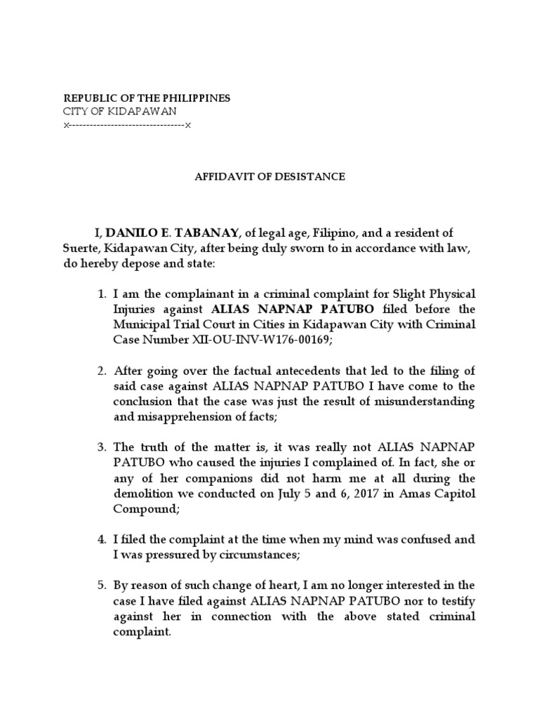 Affidavit of Desistance | PDF | Affidavit | Legal Procedure