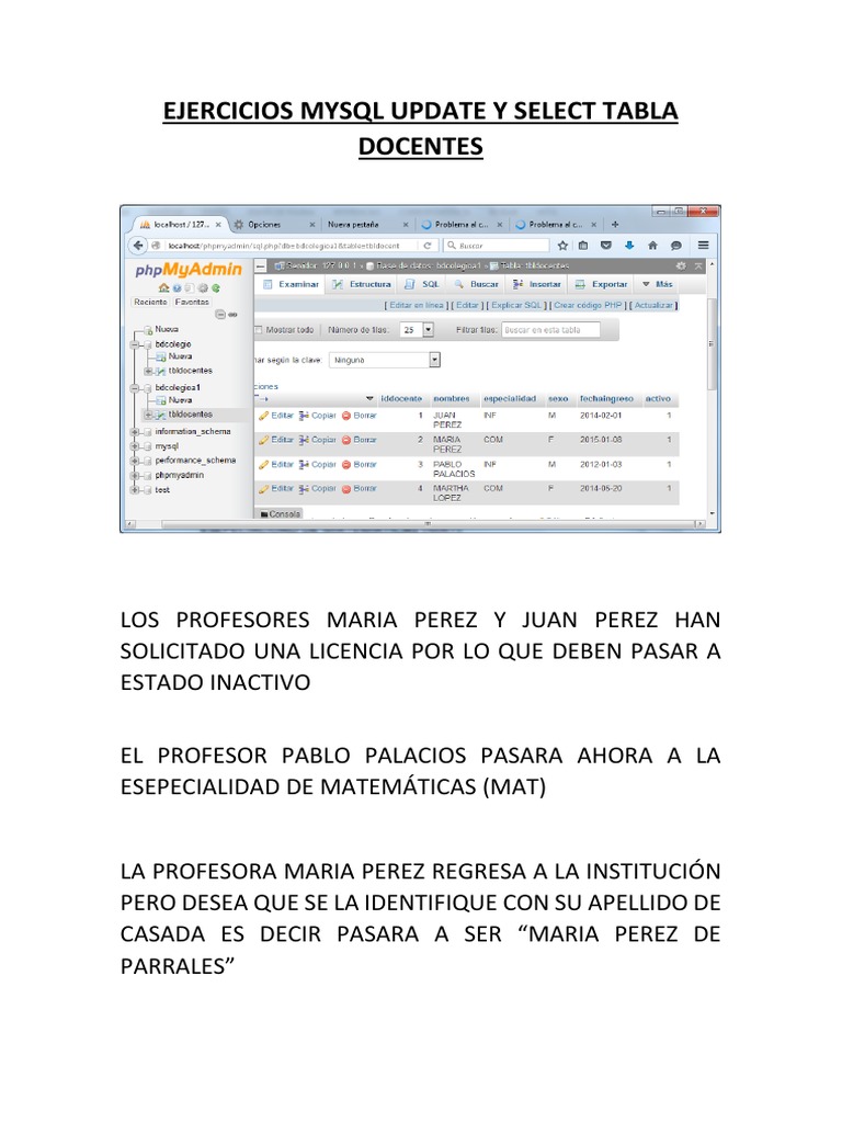 Ejercicios Mysql Update y Select Tabla Docentes | PDF