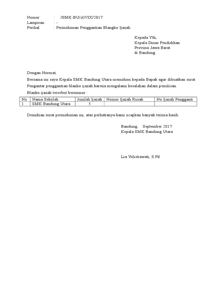 Surat Permohonan-Blangko-Ijazah SMK BU | PDF