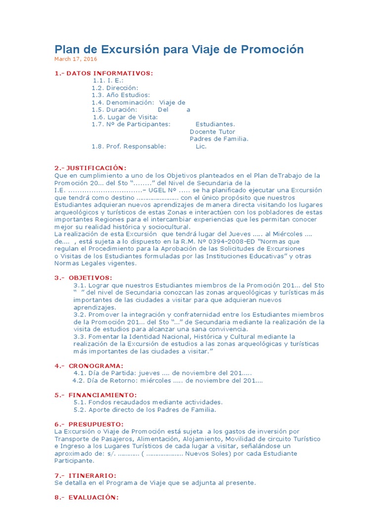 Plan de Excursión Para Viaje de Promoción | PDF | Aprendizaje