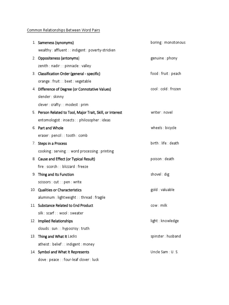 Common Relationships Between Word Pairs | PDF | Young Adult | Foreign ...