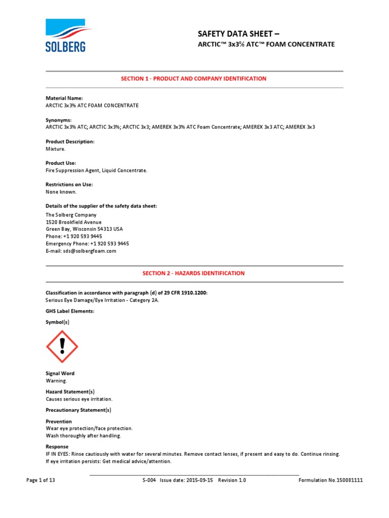 S-004 Safety Data Sheet ARCTIC 3x3% ATC | Firefighting | Personal ...