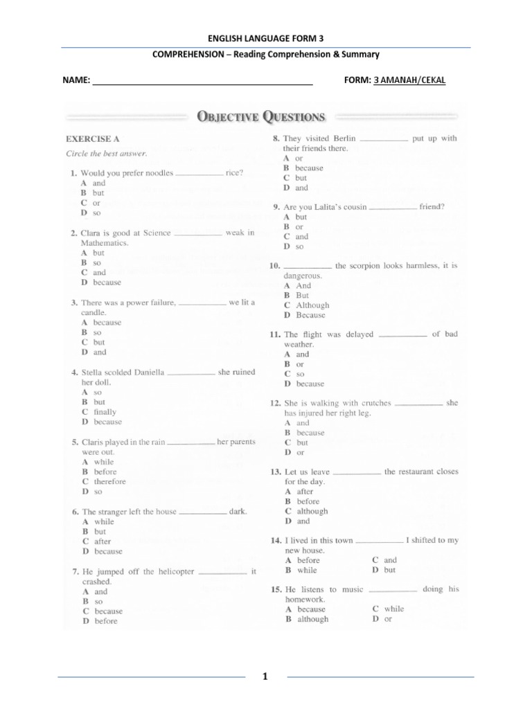 English Language Form 3 COMPREHENSION - Reading Comprehension & Summary ...