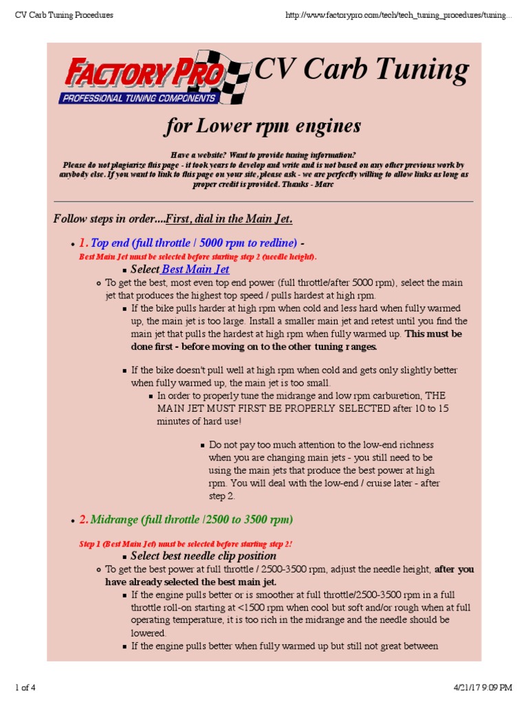 CV Carb Tuning Procedures | PDF | Carburetor | Throttle