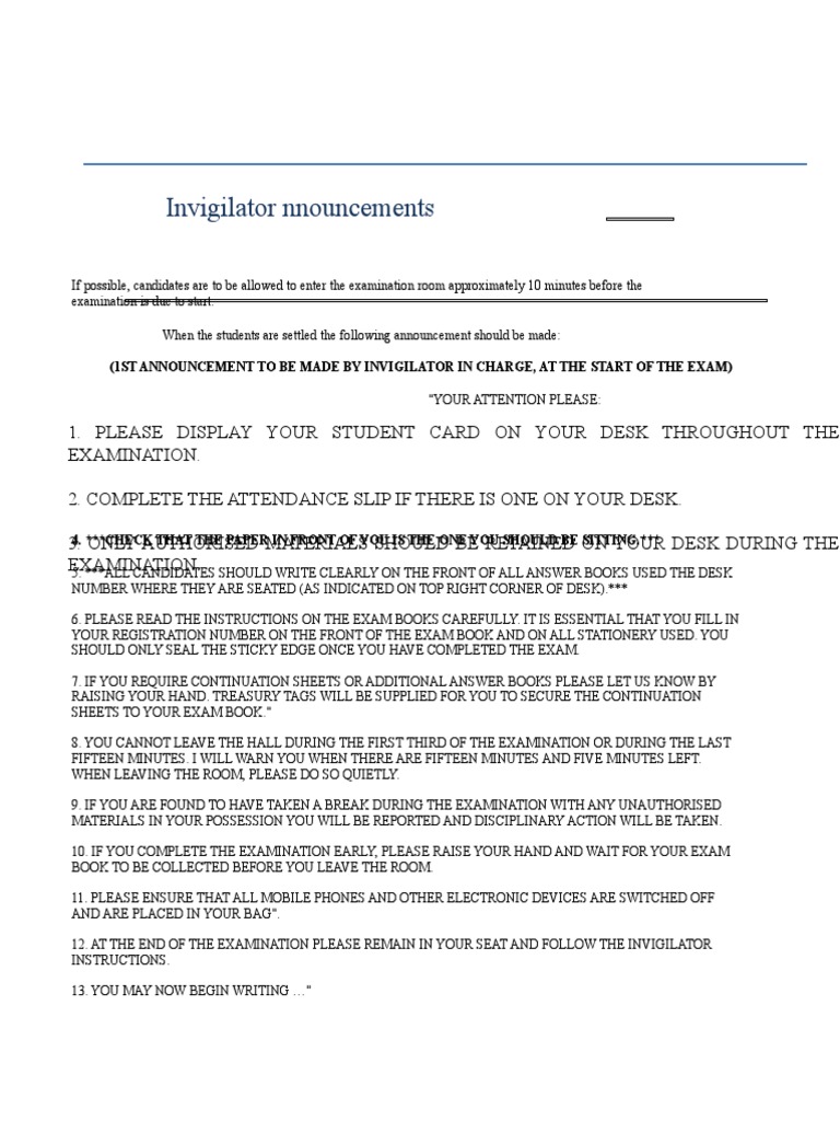 Invigilator Announcements | PDF