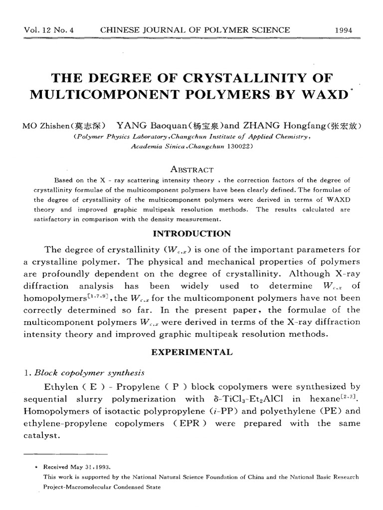 The Degree of Crystallinity of Multicomponent Polymers by Waxd PDF | PDF