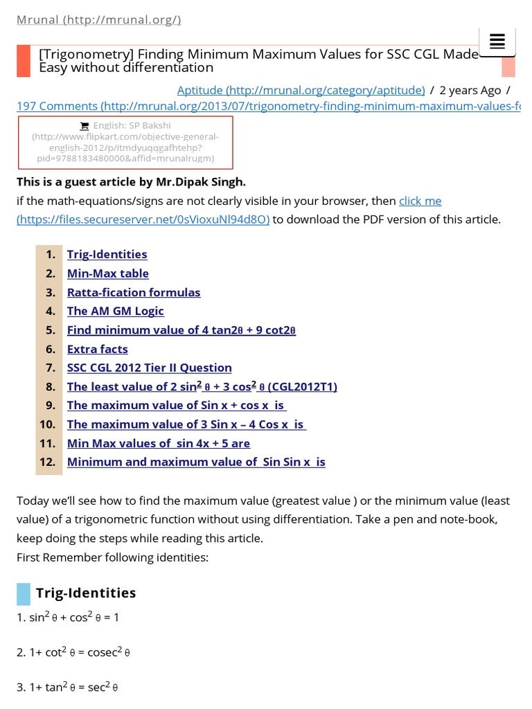 Trigonometry - How To Find Minimum-Maximum Values Quickly | PDF | Trigonometric Functions | Sine
