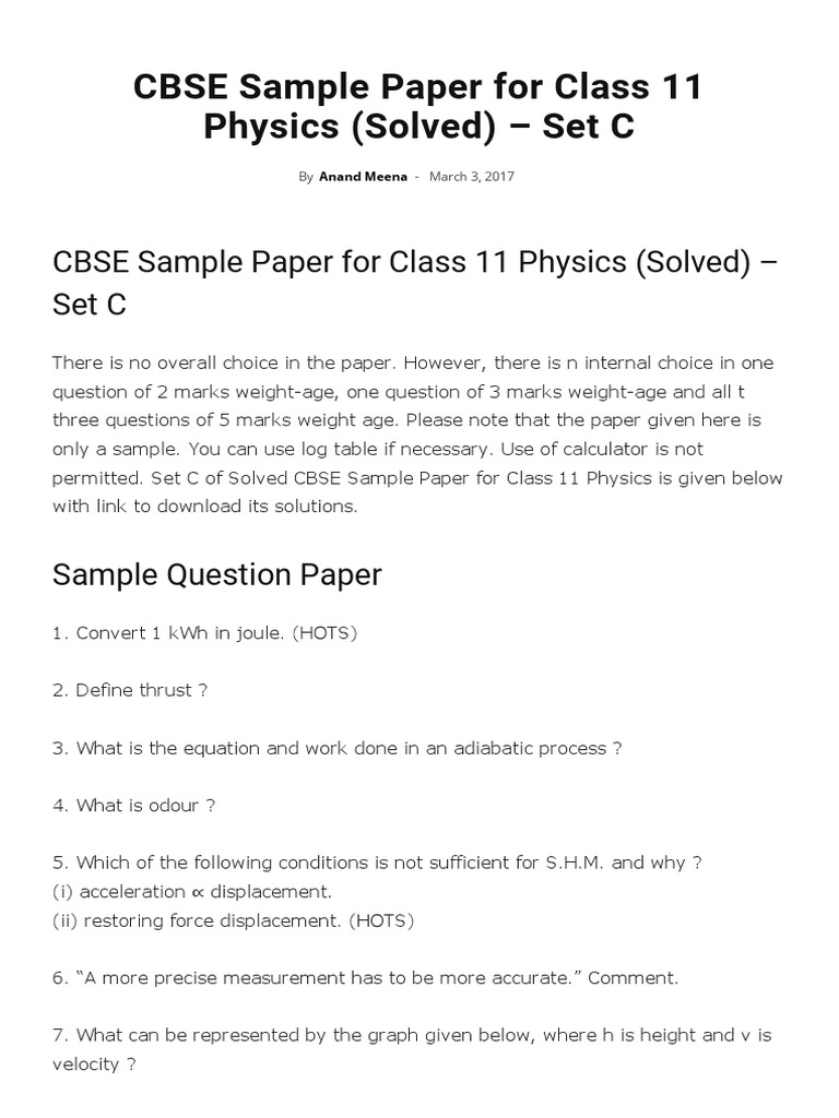 CBSE Sample Paper For Class 11 Physics (Solved) - Set C - AglaSem ...