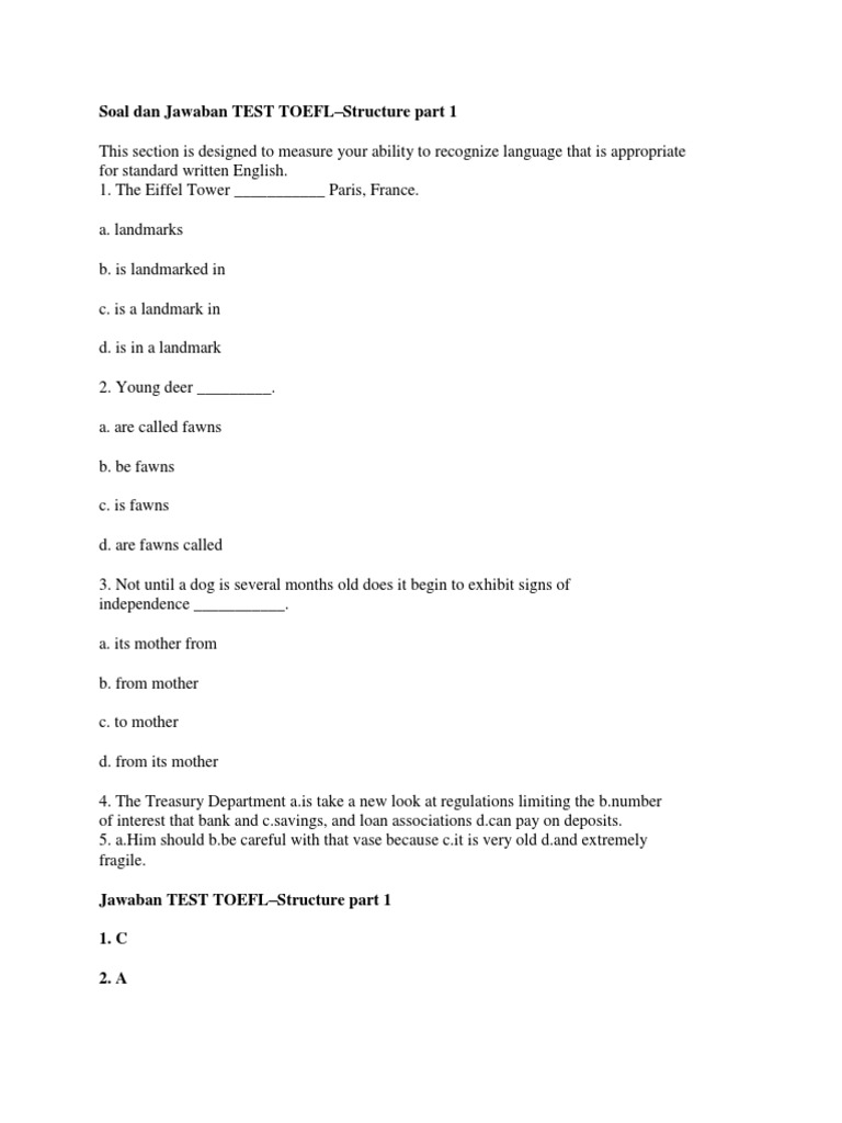 TOEFL Structure Test Questions & Answers | PDF
