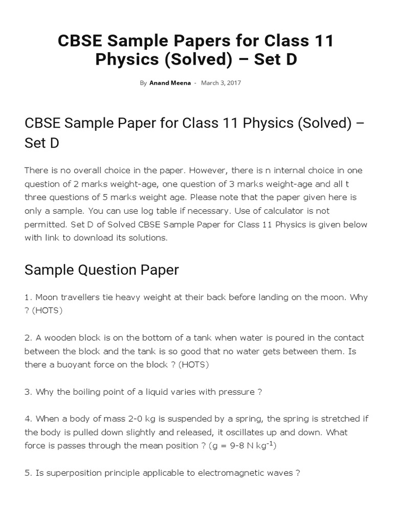 CBSE Sample Papers For Class 11 Physics (Solved) - Set D - AglaSem ...