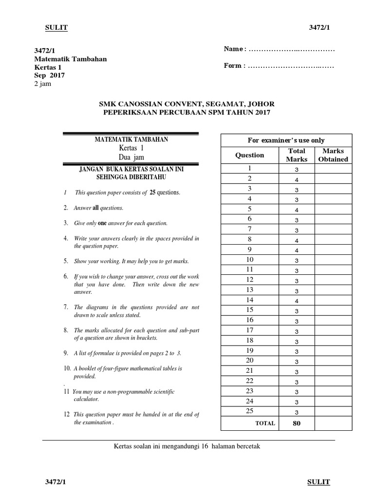 2017 Add Maths Trial SPM Paper 1 | PDF | Elementary Mathematics ...