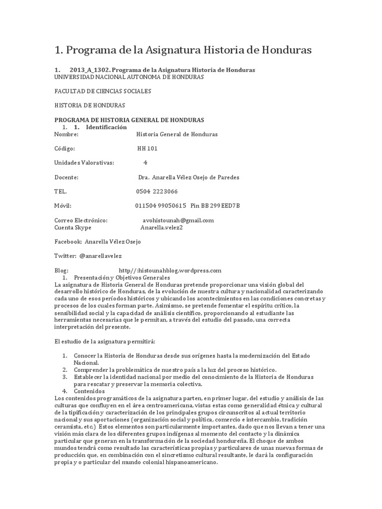 Programa Asignatura Historia de Honduras | PDF | Honduras | Colonialismo