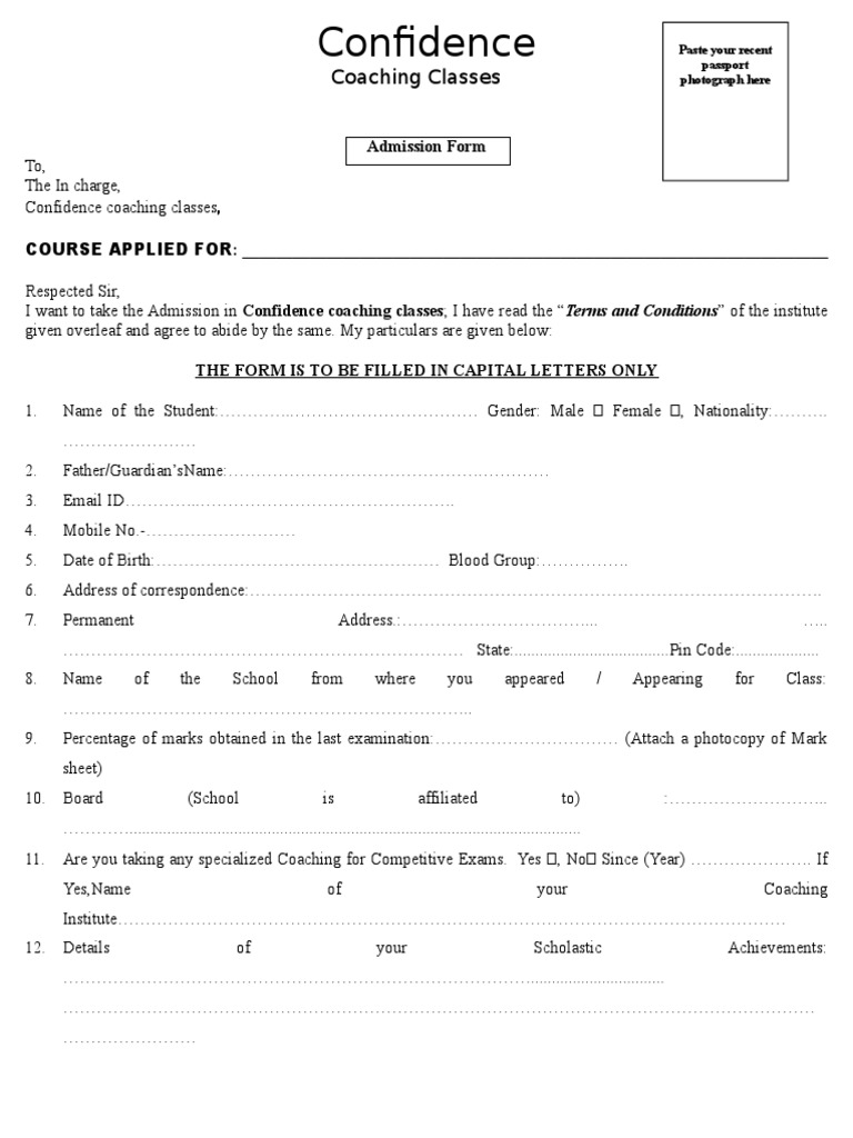 Application for Admission: Confidence Coaching Classes | PDF | Fee ...