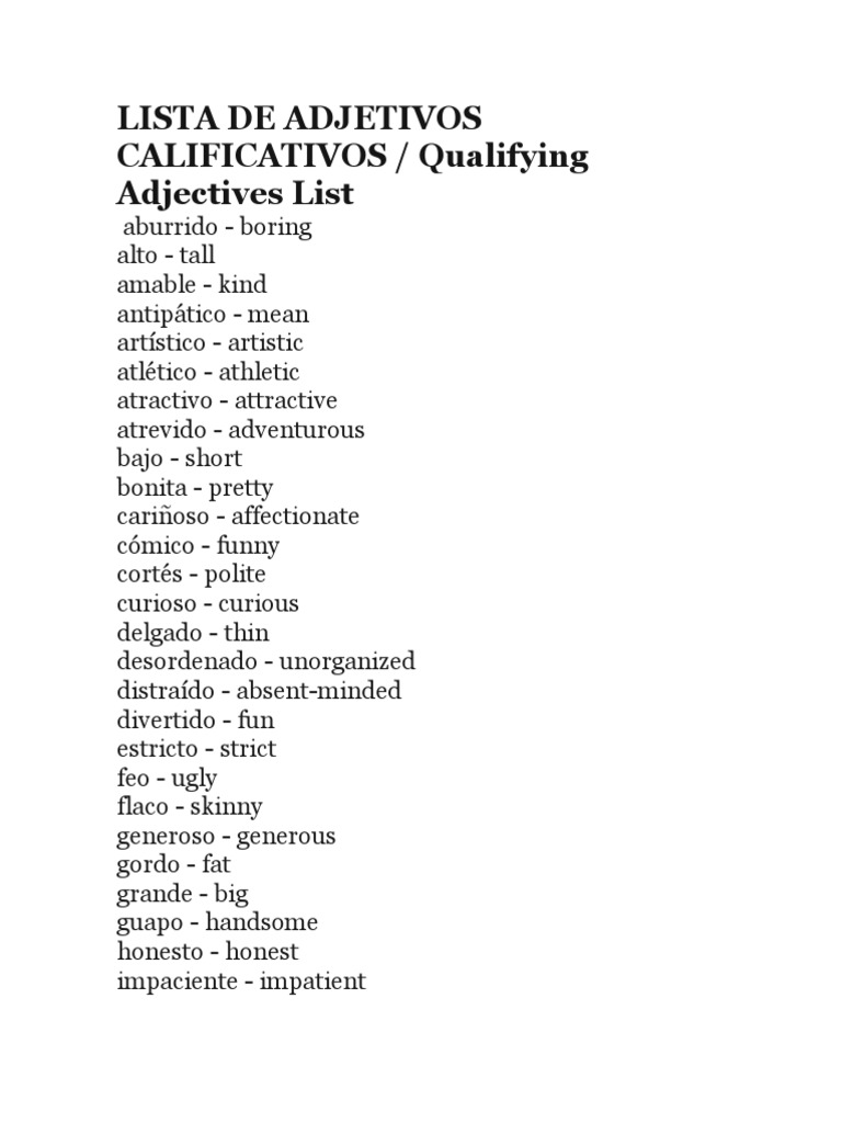 Lista de Adjetivos Calificativos | PDF