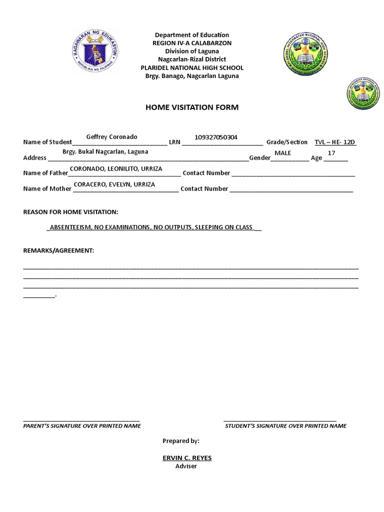Home visitation form for student with absenteeism issues | PDF