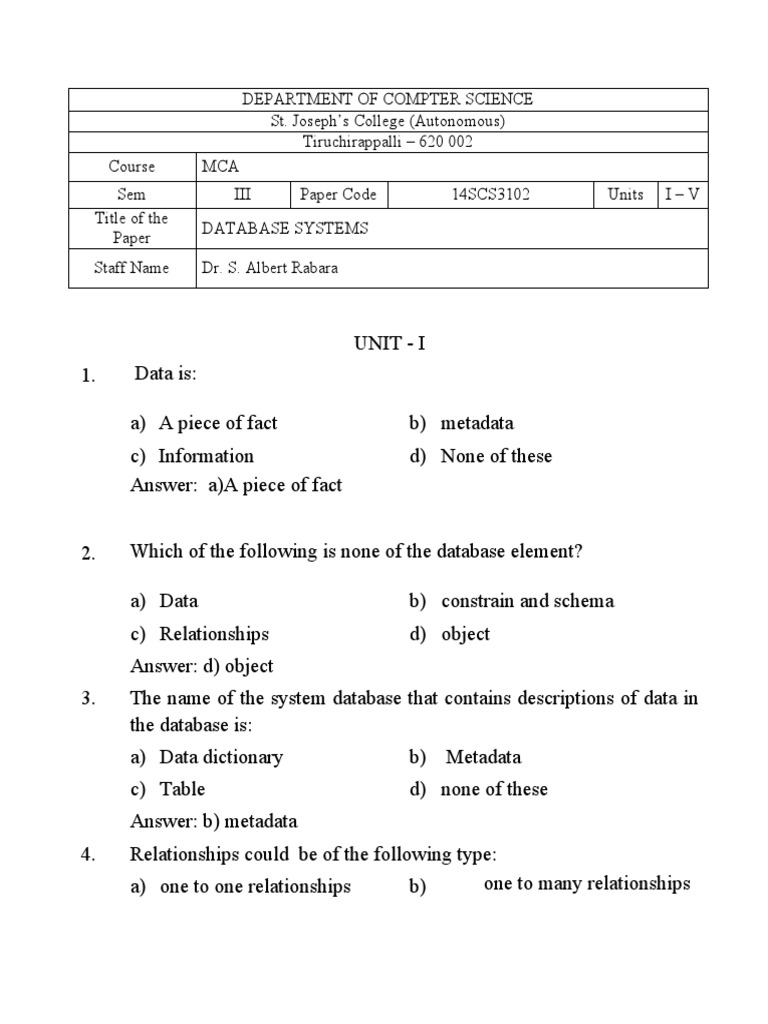 Sem-4 II Mca Database MCQ | PDF | Pl/Sql | Sql