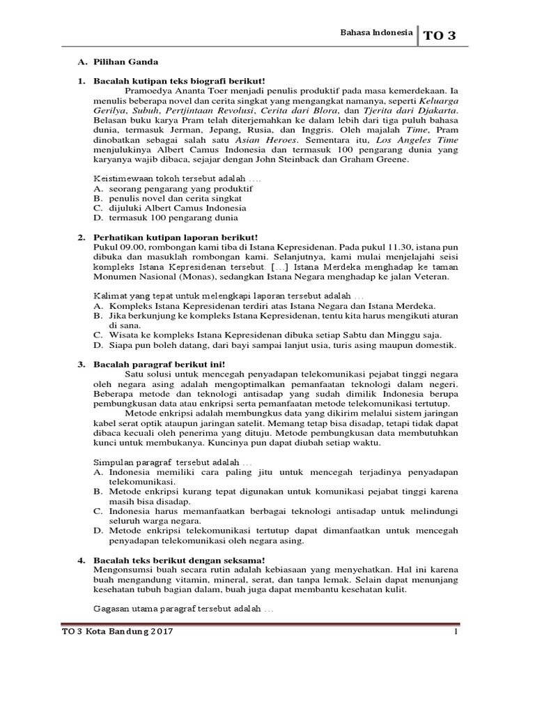 Soal TO3 Bahasa Indonesia 2017 | PDF