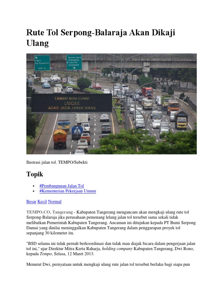 Rute Tol Serpong-Balaraja Akan Dikaji Ulang | PDF