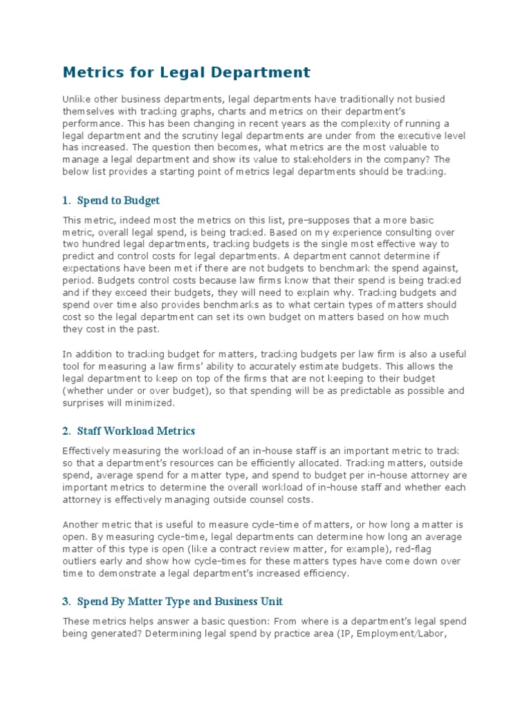 Legal Department Performance Metrics | PDF | Benchmarking | Lawyer