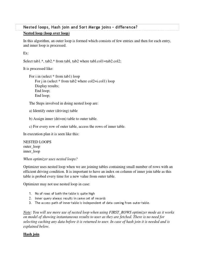 Nested Loops, Hash Join and Sort Merge Joins - Difference?: Nested Loop (Loop Over Loop) | PDF ...