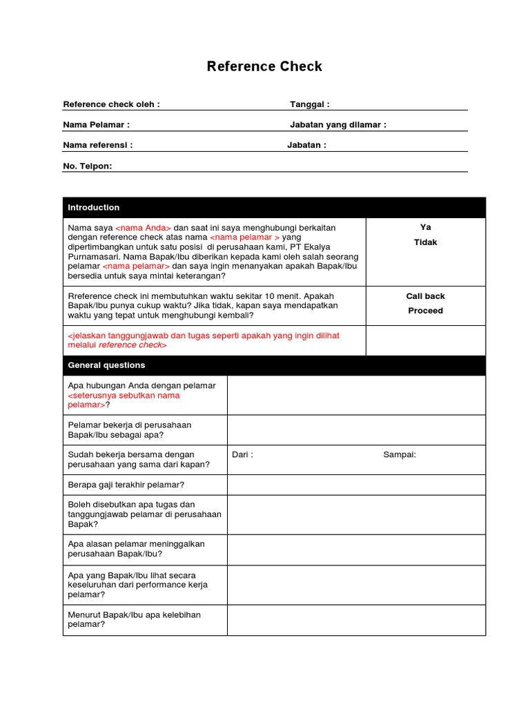 Reference Checking Form | PDF