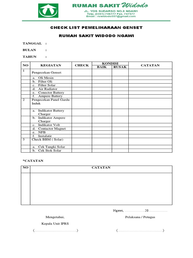 Check List Pemeliharaan Genset | PDF