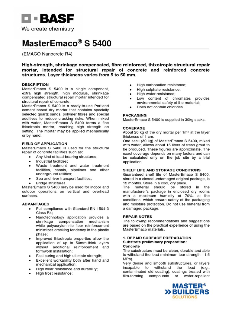 Masteremaco - S - 5400 (Emaco Nanocrete r4) | PDF | Concrete | Mortar ...