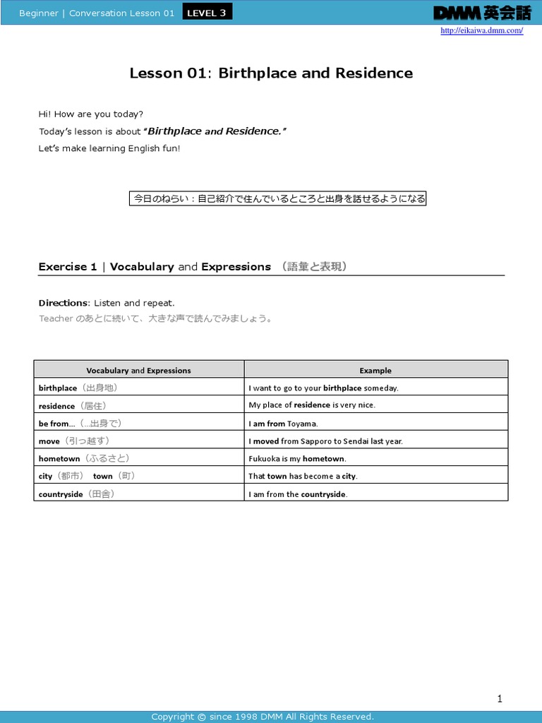 Lesson 01: Birthplace and Residence | PDF | Human Communication | Learning
