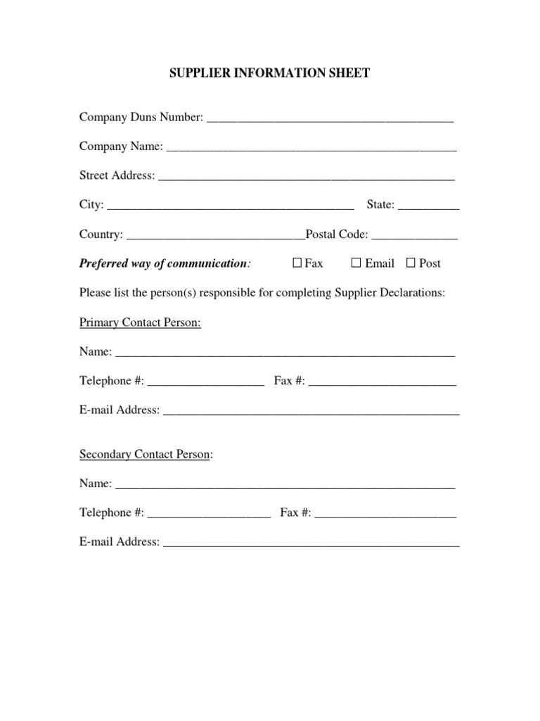 Supplier Information Sheet Template | PDF