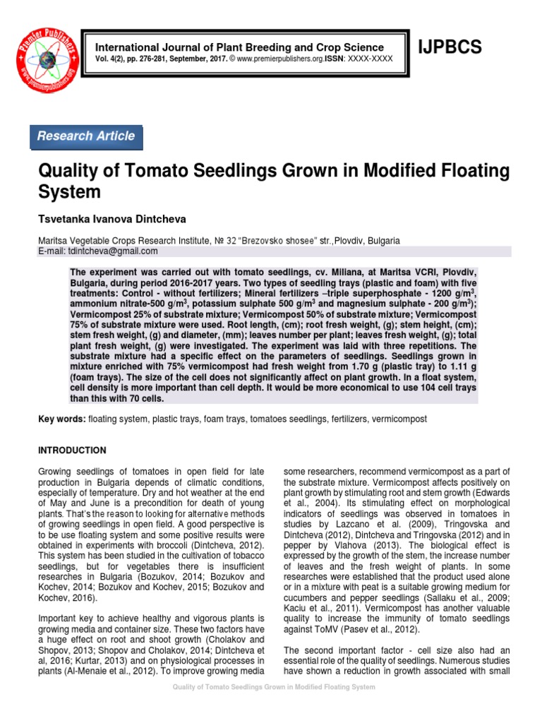 Quality of Tomato Seedlings Grown in Modified Floating System | PDF ...