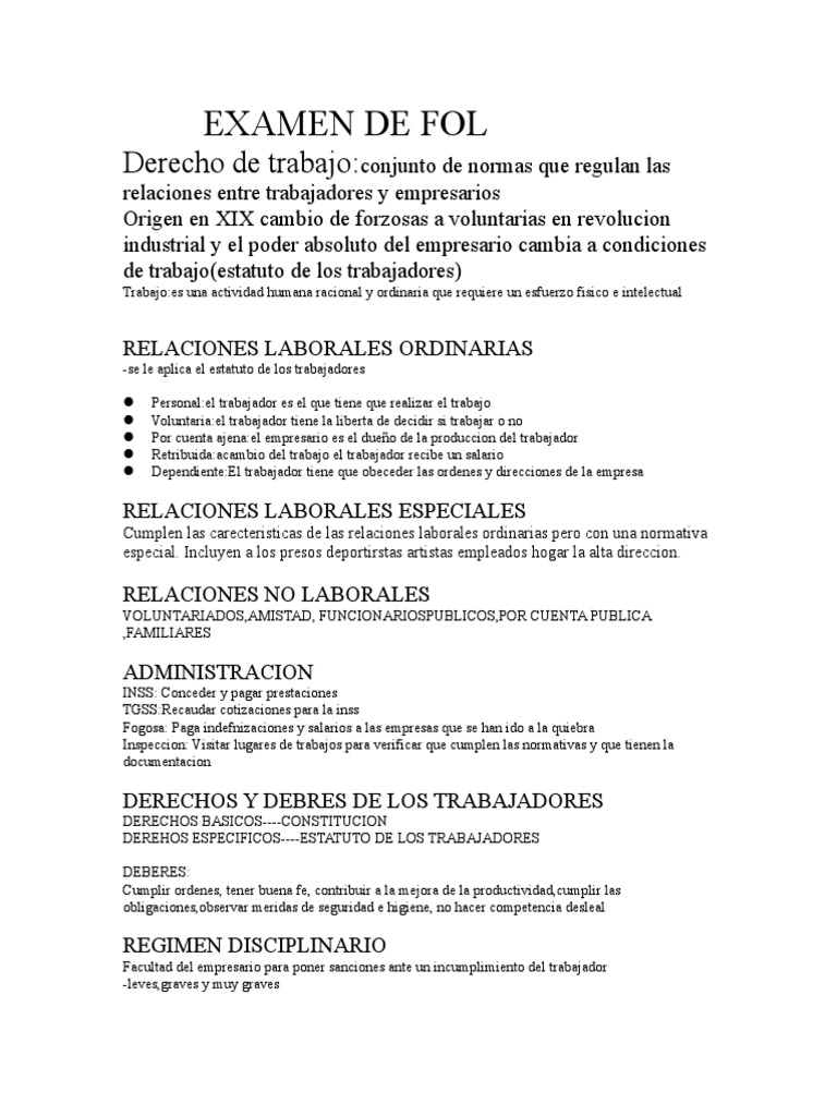 Examen de Fol | PDF | Relaciones laborales | Derecho laboral