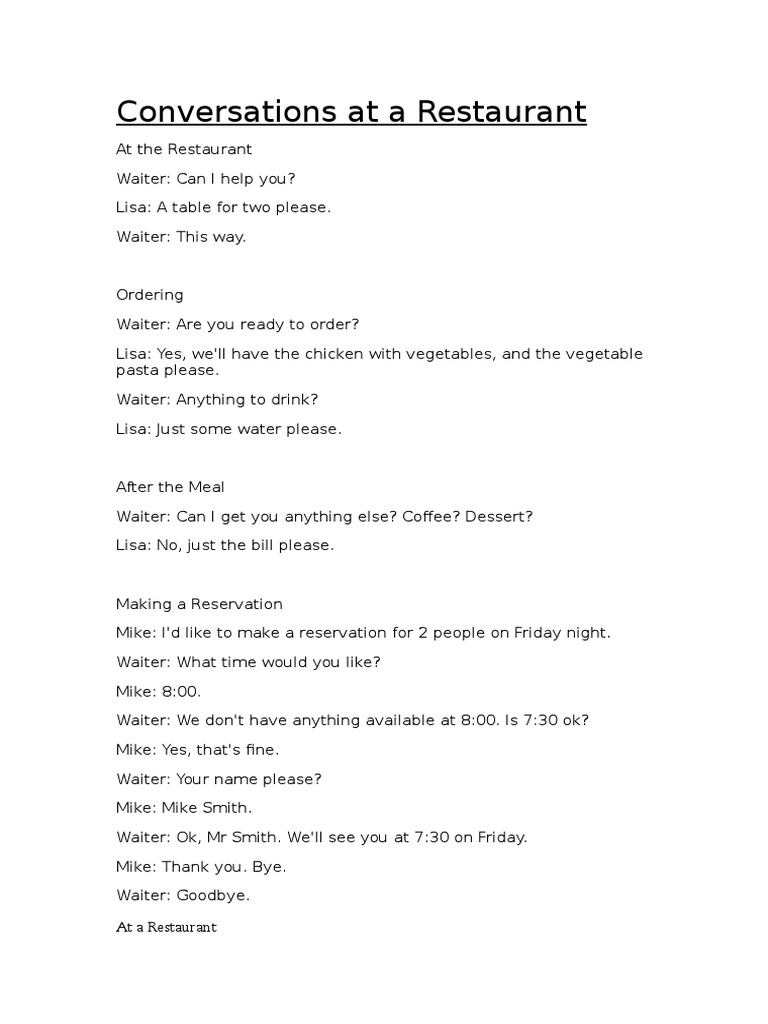 Conversations at A Restaurant | PDF | Lunch | Restaurants