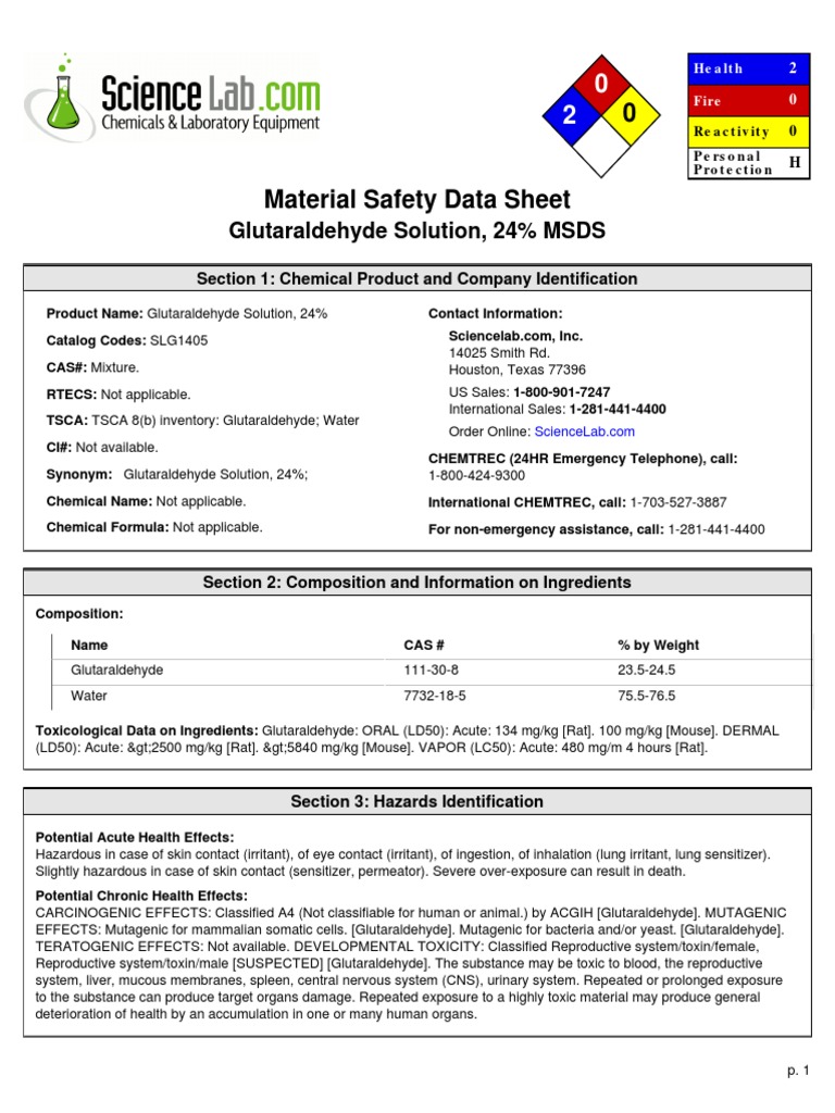 Msds Glutaraldehid 24% | PDF | Solubility | Personal Protective Equipment