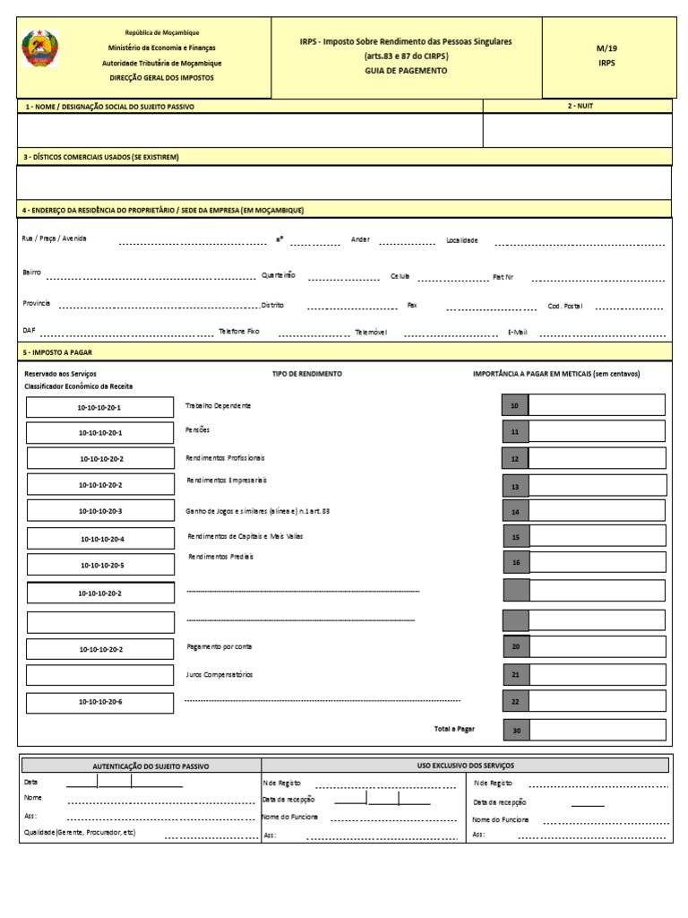 Modelo 19 - IRPS - IRPS - Imposto Sobre Rendimento Das Pessoas Singulares - GUIA DE PAGEMENTO ...