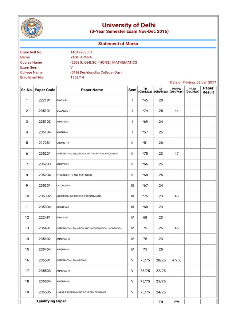 University of Delhi: (3-Year Semester Exam Nov-Dec 2016) Statement of ...