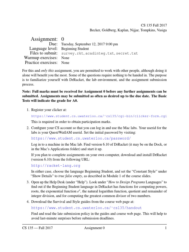 Assignment: 0: Due: Language Level: Files To Submit: Warmup Exercises: Practice Exercises ...