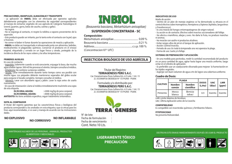 Etiqueta INBIOL - 10lt | Pesticida | Alimentos