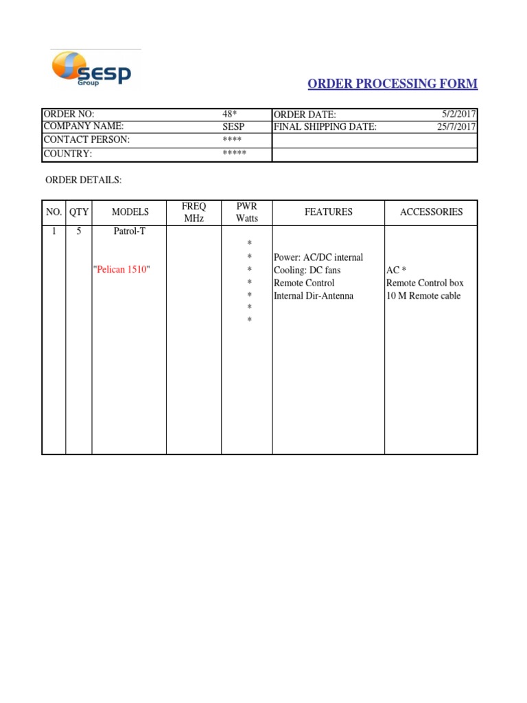 Order Processing Form: Pelican 1510 | PDF