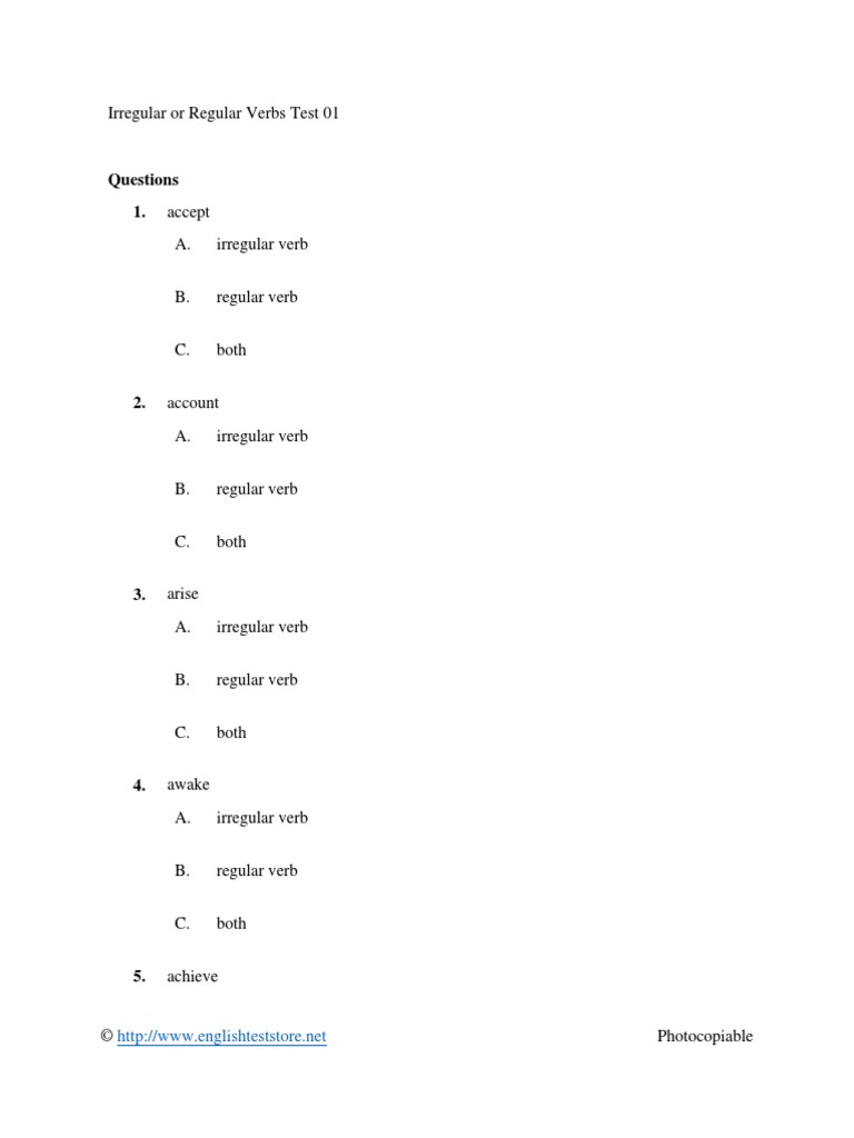 Irregular or Regular Verbs Test 01 | PDF