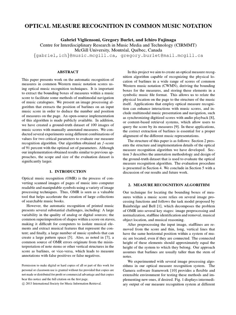Optical Measure Recognition in Common Music Notation | PDF | Portable ...