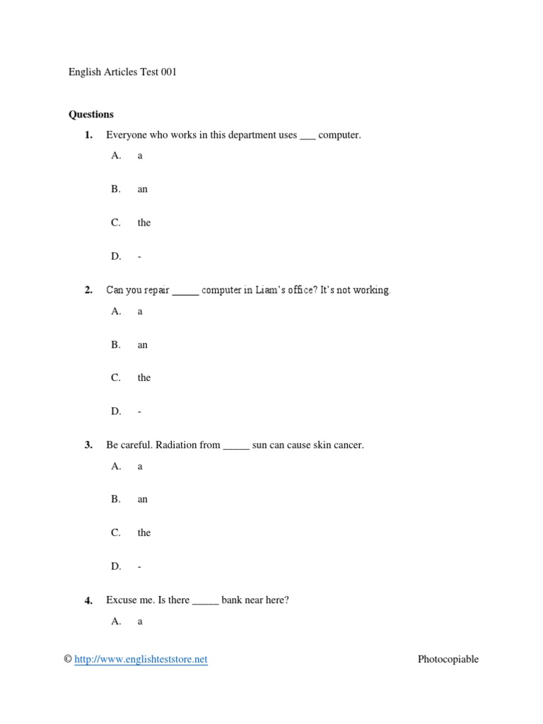 English Articles Test 001 PDF | PDF