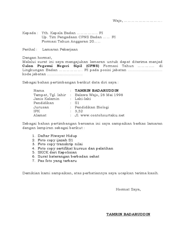 2 Download Contoh Surat Lamaran Kerja BKN Terbaru Dalam Bentuk MS Word | PDF