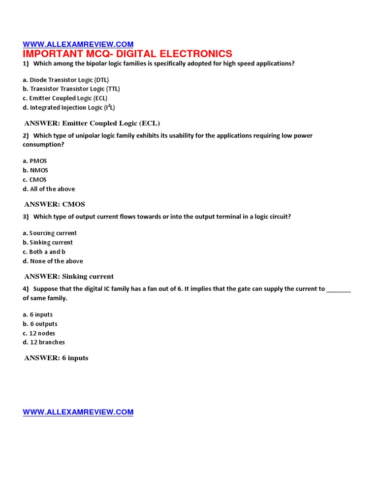 Digital Electronics MCQ Questions & Answers | PDF | Cmos | Logic Gate