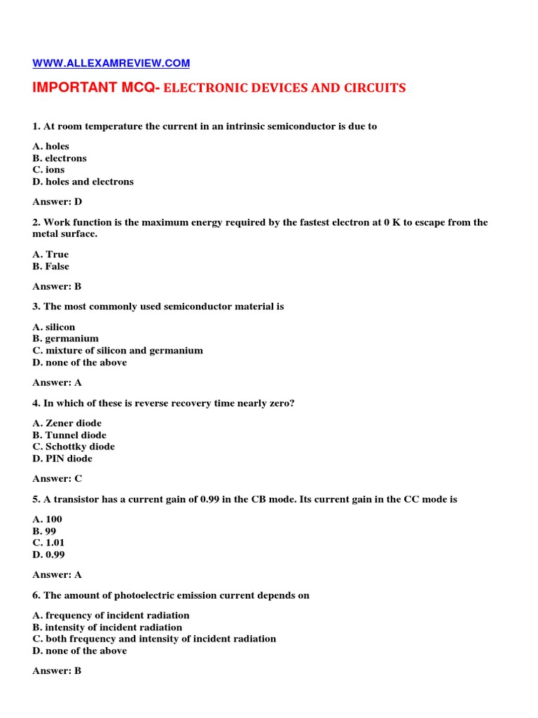 Essential MCQs on Electronic Devices | PDF | P–N Junction | Diode