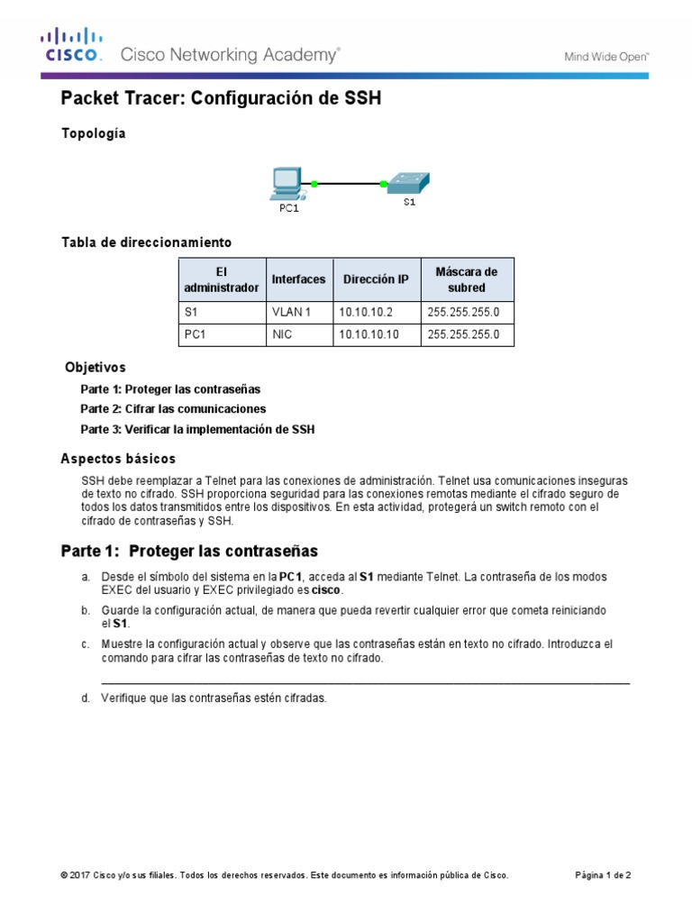 5.2.1.4 Packet Tracer - Configuring SSH Instruction | PDF | Cubierta ...