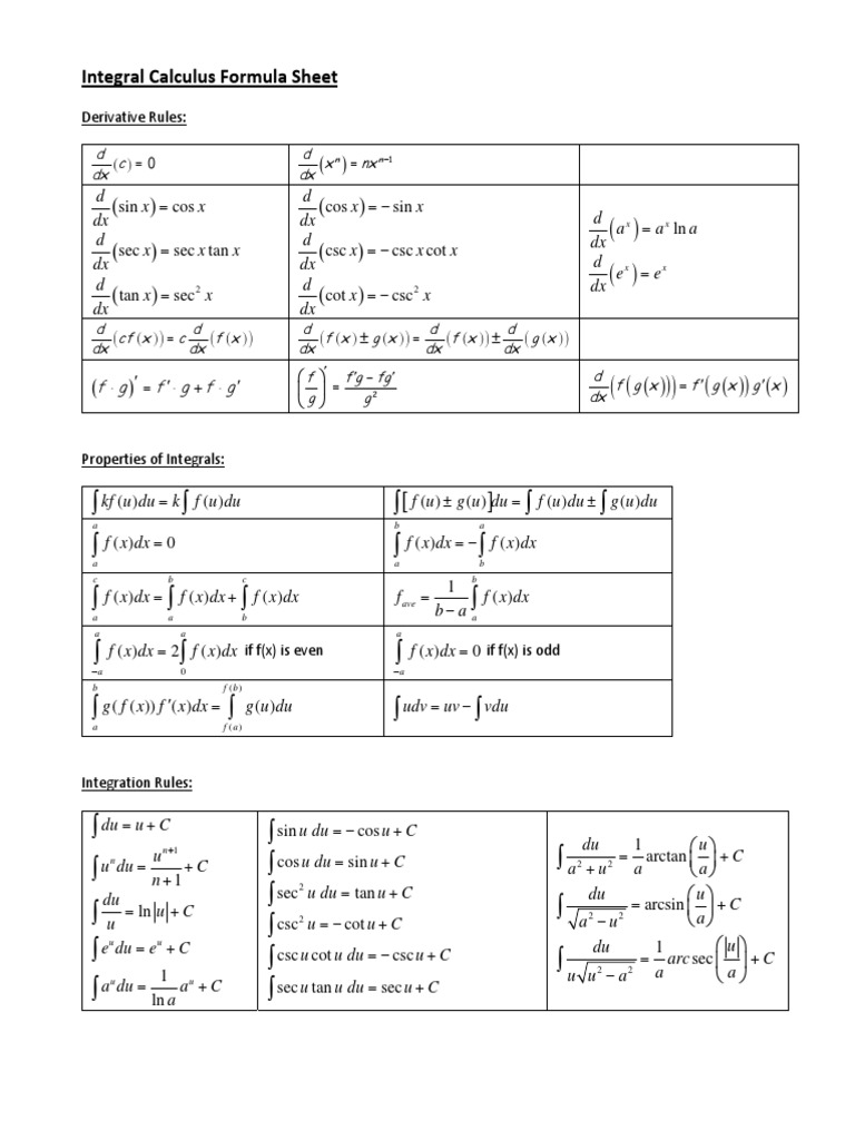 Integral Calculus Formula Sheet Pdf Pdf Trigonometric Functions Area