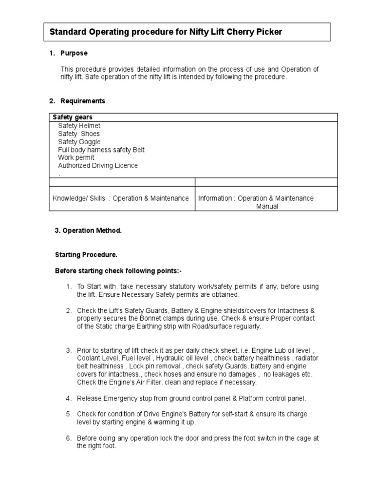 SOP For Cherry Picker 2 | PDF | Elevator | High Voltage